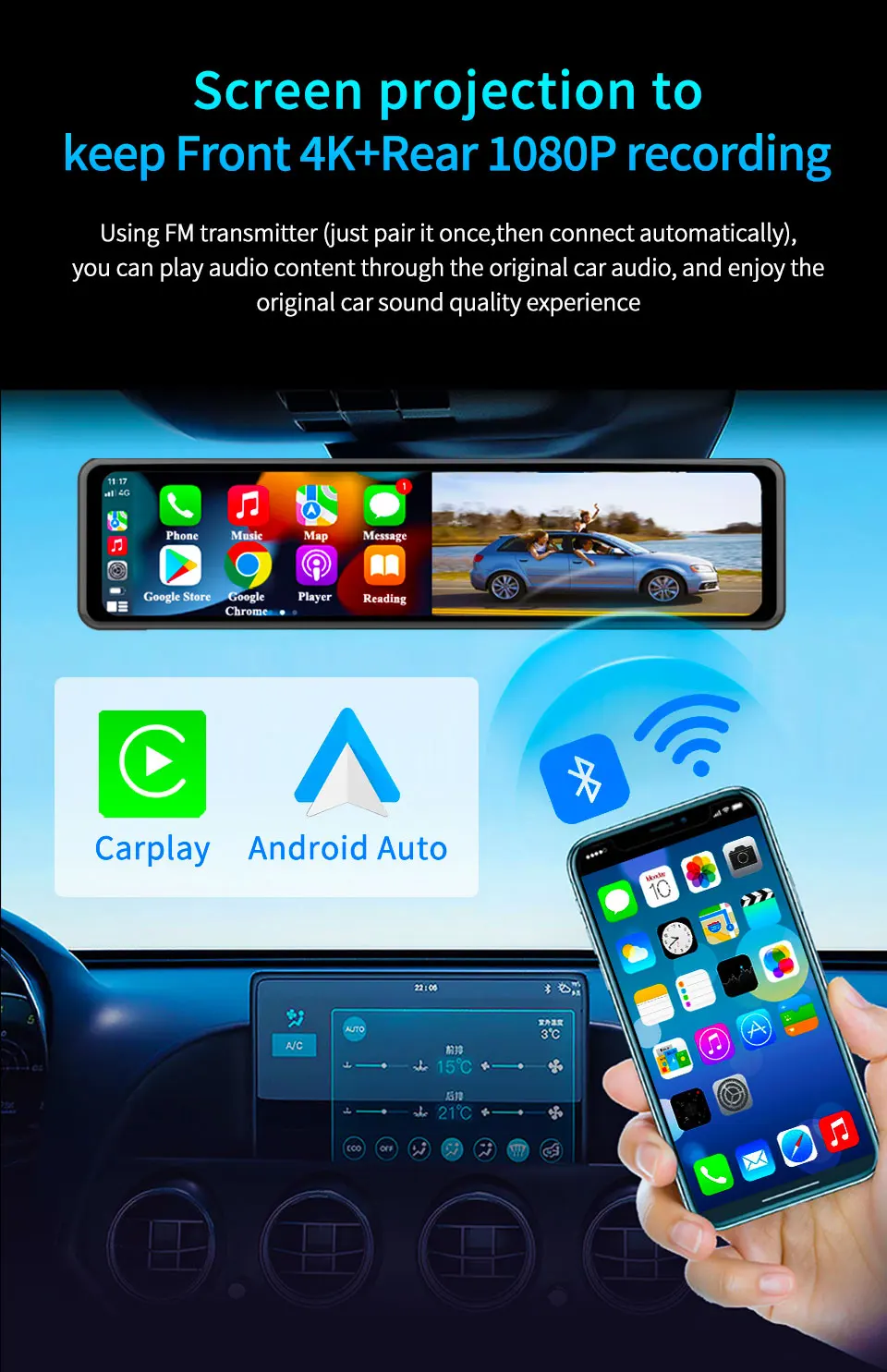 12 Inch Mirror Car DVR - Smart ADAS 4K Carplay Android Auto