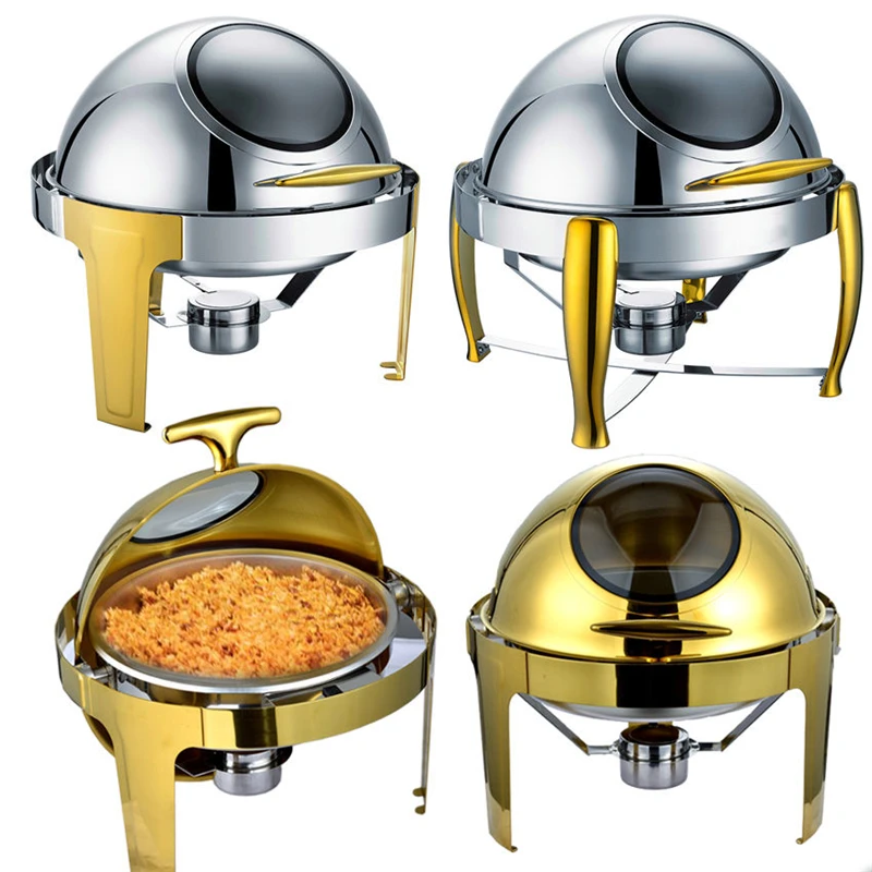 Luxury Gold And Silver Buffetware Chaffing Dish Buffet Food Warmer Round Glass Lid Commercial ...