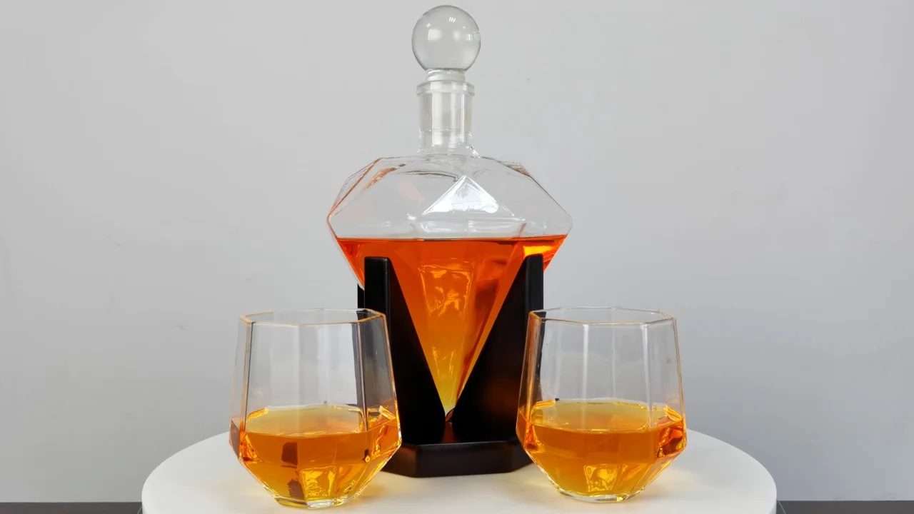 Clear Liquor Whiskey Bottle Wine Set Unique Crystal With Wood Base ...