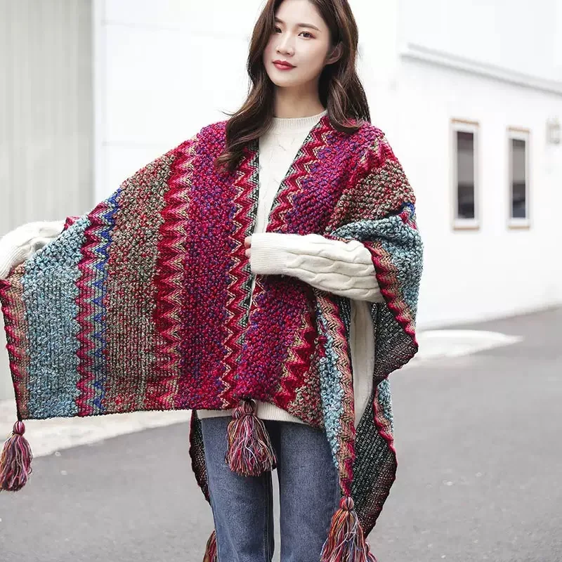 Ethnic Cape Dual-purpose Cloak Sweater Red Warm Scarf Travel Cloak Coat ...