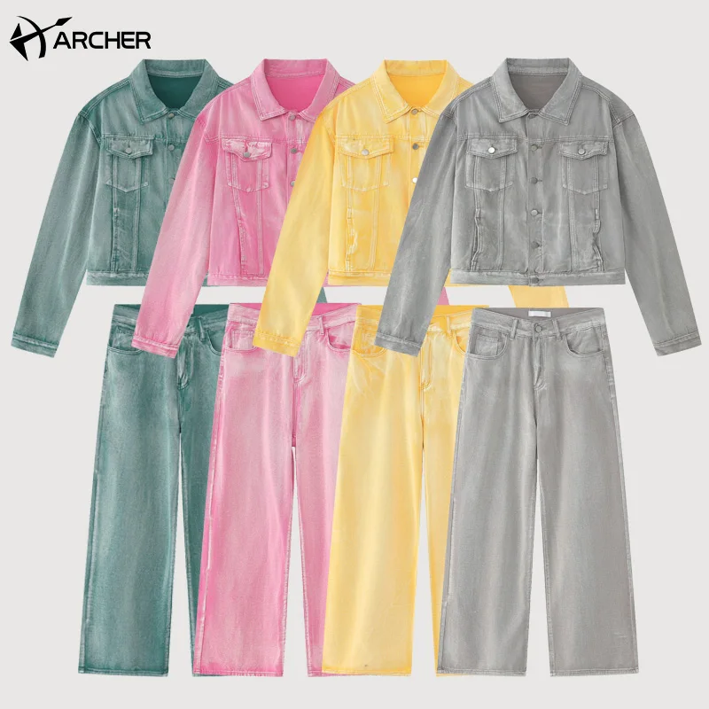 Custom Denim Crop Jacket And Pants Mens Loose 2pcs Denim Set Jean Two ...