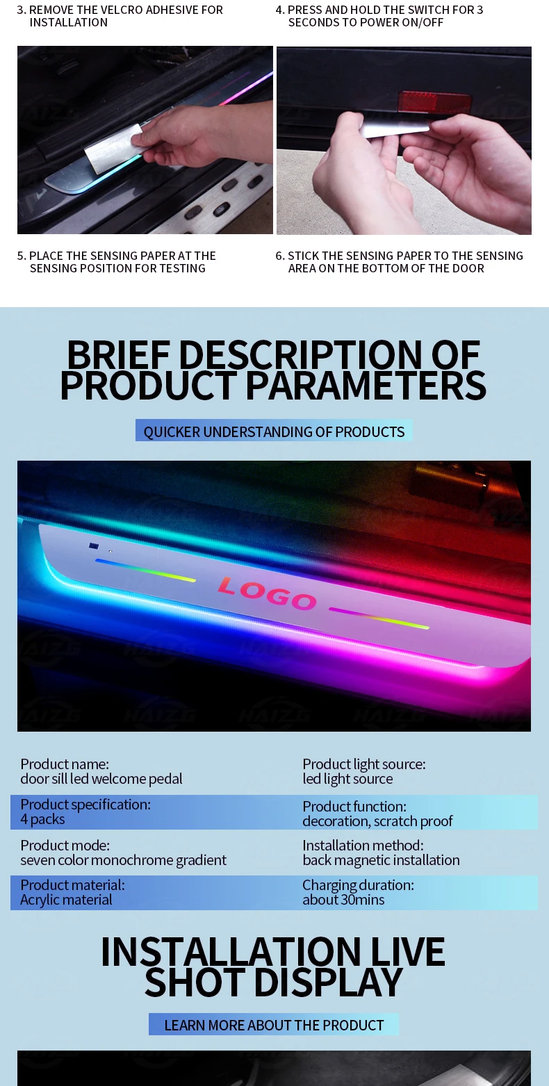 Haizg New Arrival Usb Rechargeable 4pcs Car Plate Pedal Custom Logo Led ...