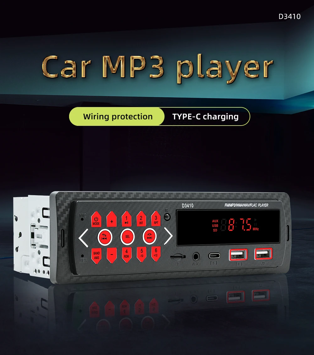 BQCC D3410 Car MP3 Player - Bluetooth, AI Voice, & Lights
