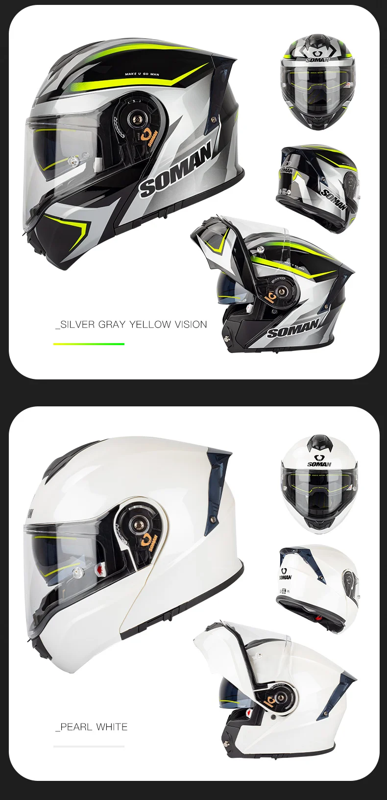 SOMAN ECE and DOT Approved Motorcycle Modular Flip up Dual Visor Helmet ...