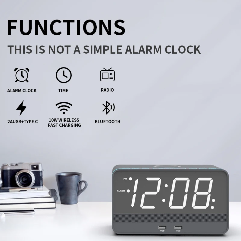 Led Digital Clock with Radio & Wireless Charging