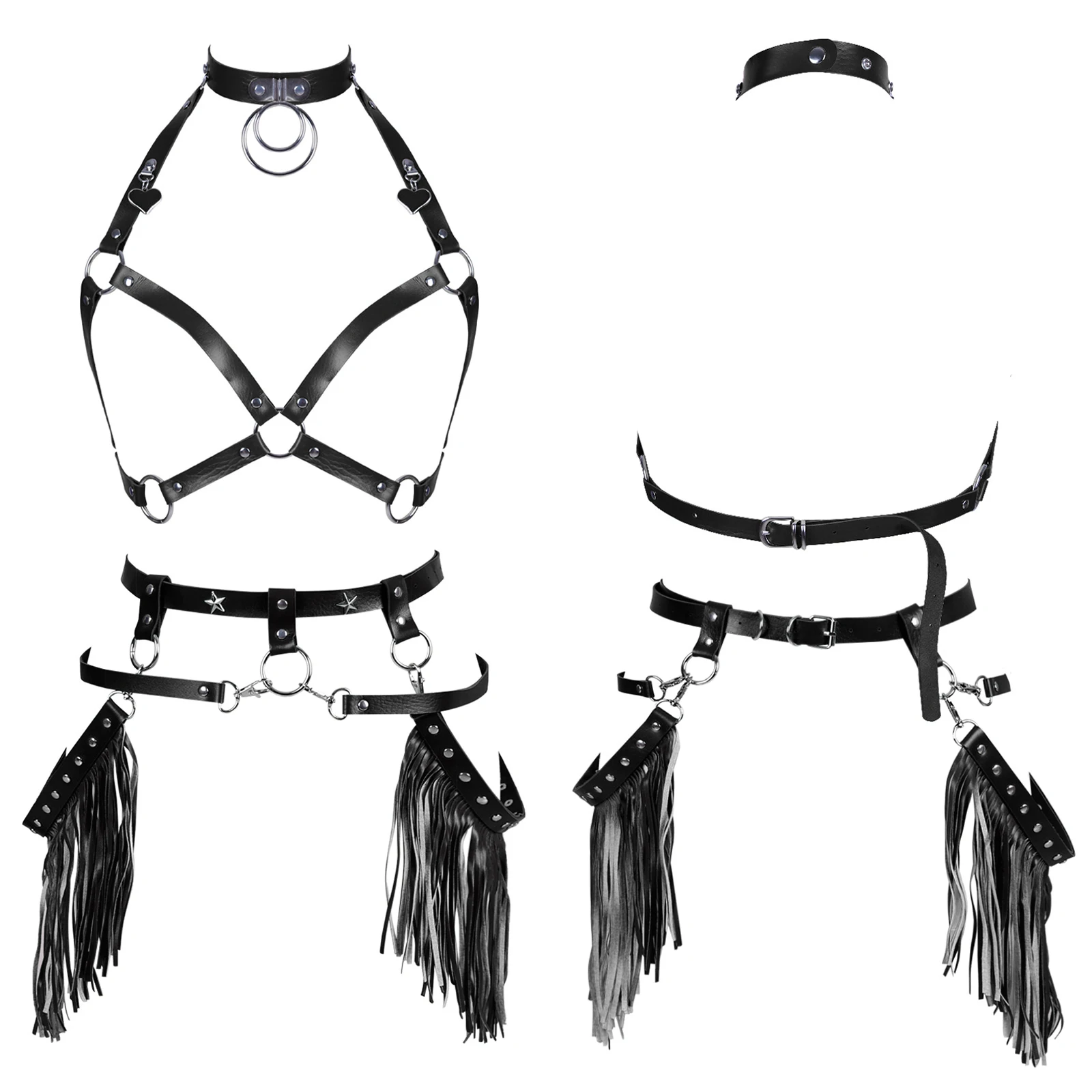 Ladies Leather Sexy Lingerie Set Striptease Costume Costume Exotic Stage Show Fringe Body Chain