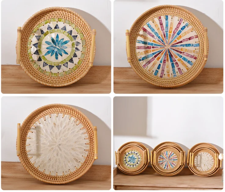 Unique Exotic Handmade Pearl Round Rattan Woven Snack Tray Creative ...