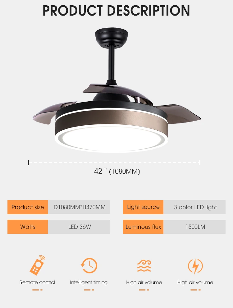 42 Inch Smart Remote Control Invisible Ceiling Fan Light - Modern ...