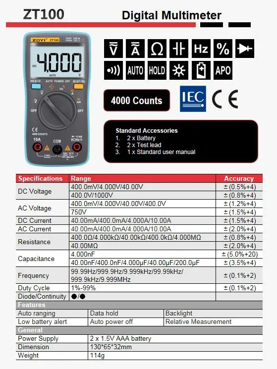 ZT100 4000 Counts Digital Multimeter Professional Ammeter Voltmeter ...