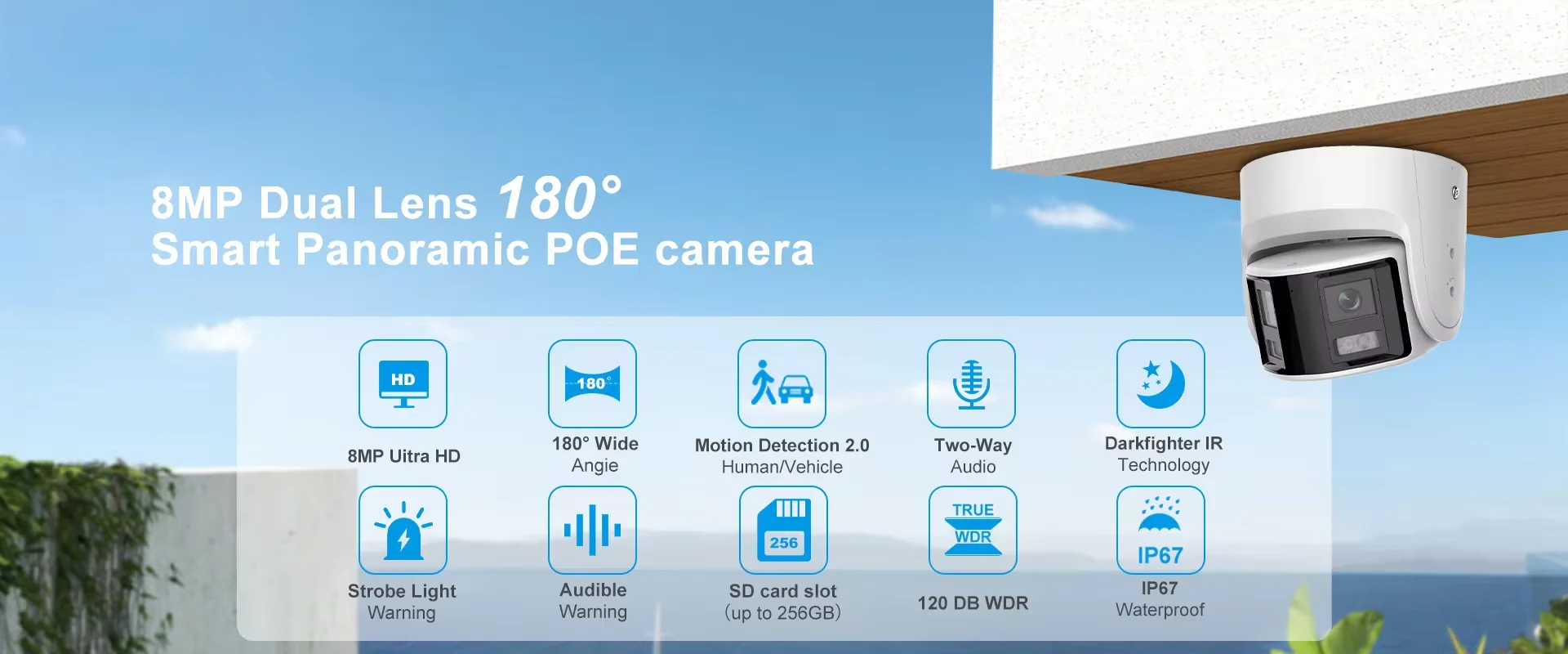 OEM 8MP POE IP Camera Dual Lens Panoramic Outdoor Security 180 Degree ...
