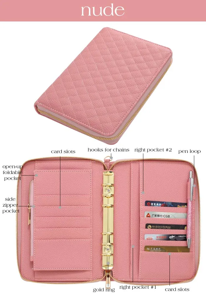 Hongbo New A6 Quilted Pebble Leather Zipper Binder Wallet