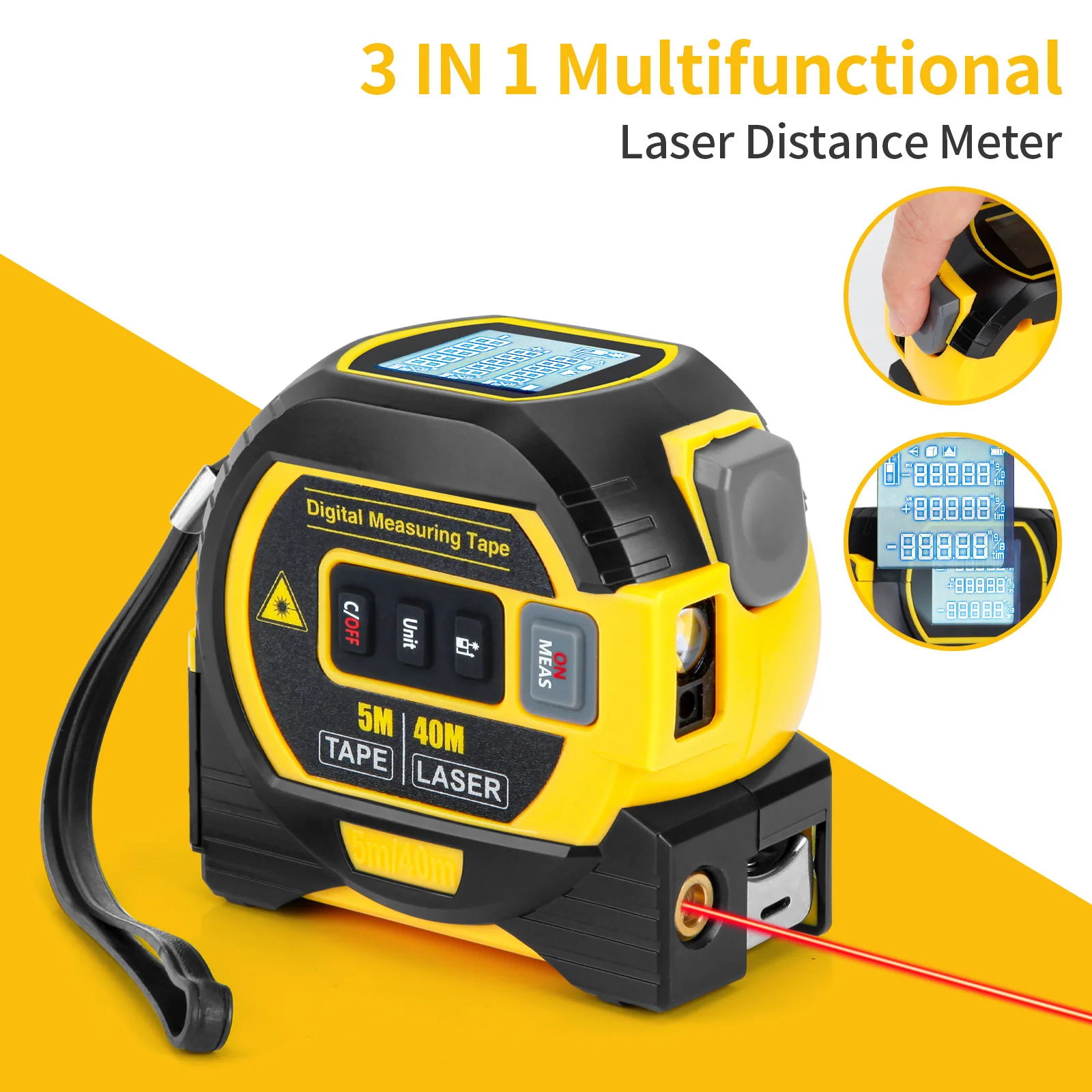 3 in 1 Infrared Portable Laser Tape Measure 40m Retractable Digital ...