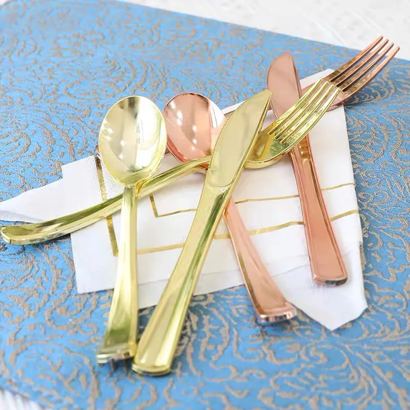 Pre-rolled Cutlery Set Gold Rose Gold Plastic Knife Fork and Spoon ...