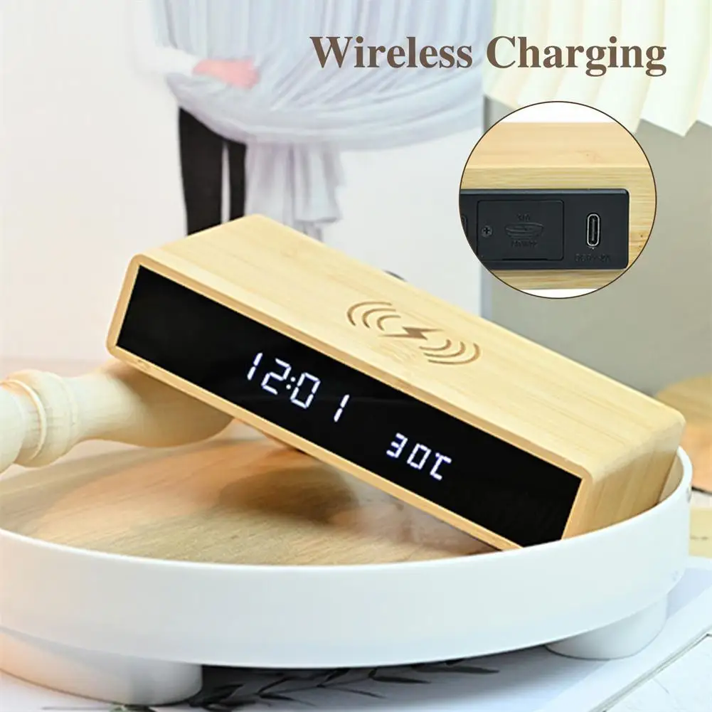 Zunammy Bamboo Digital Led Alarm Clock & Thermometer & Wireless Charger ...