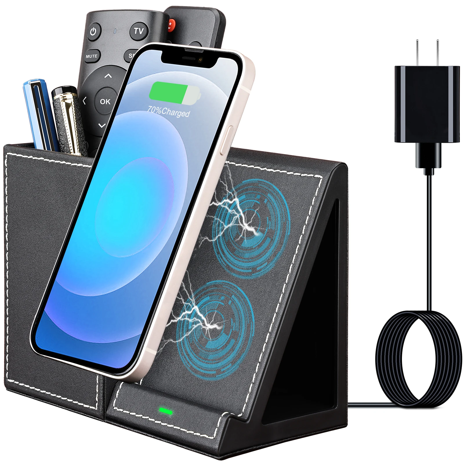 Office Leather Desk Organizer Mobile Phone Fast Wireless Charging Stand ...