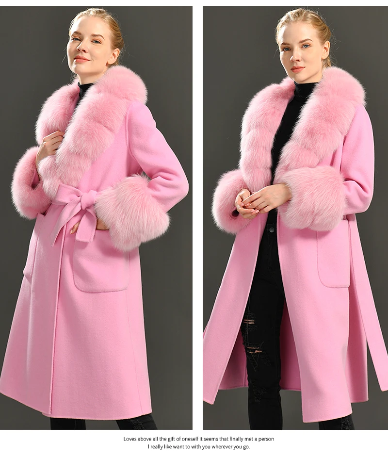 Elegant Long Style Fashion Luxury Big Fox Fur Collar Wool Coat Trench ...