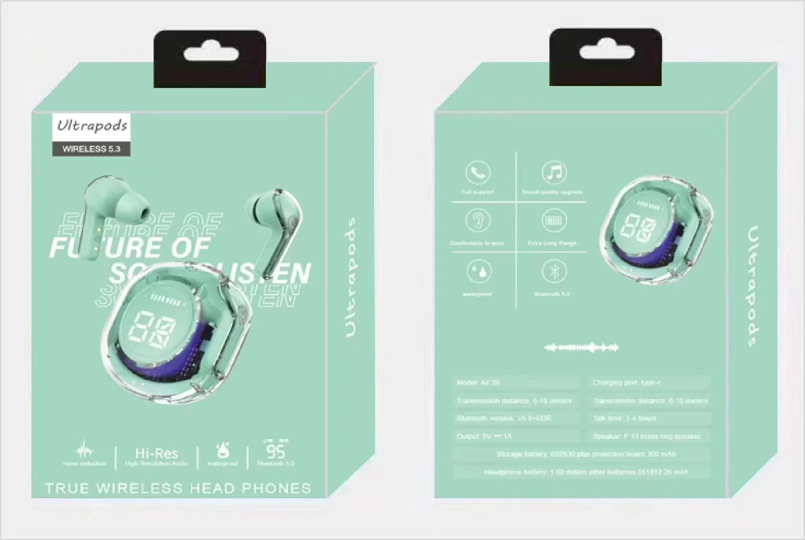 Tws Air39 Crystal Portable Bt Led Display Mini Wireless Earbuds