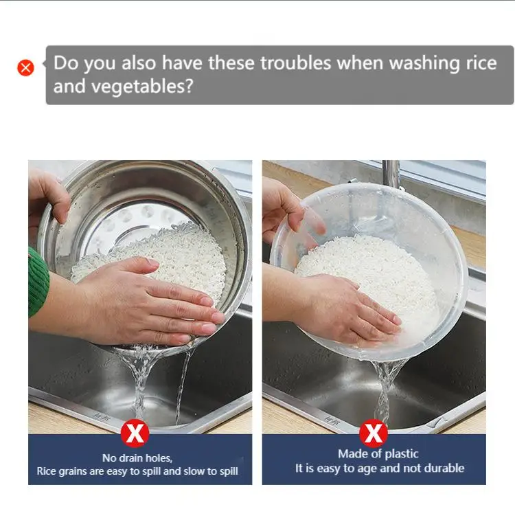 304 Stainless Steel Rice Washing Basin Vegetable And Fruit Drain Basket ...