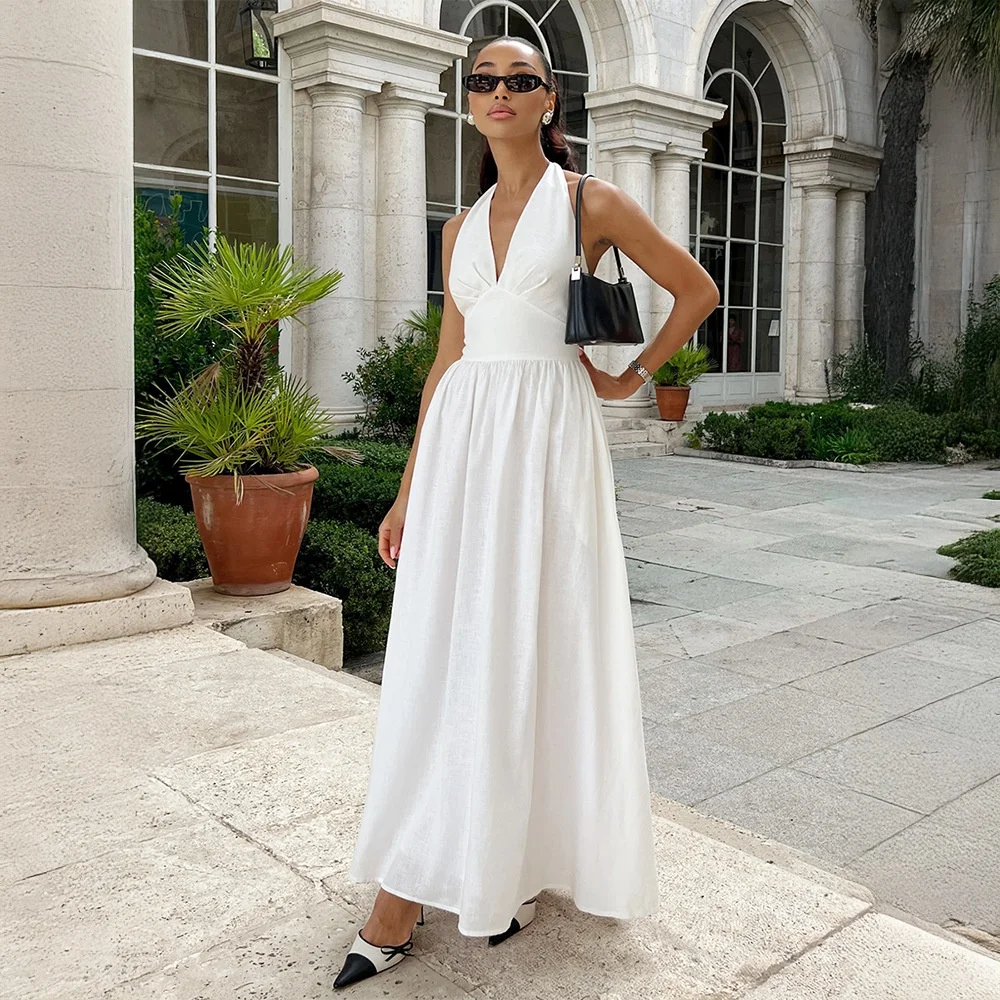 Cotton Long Dress European And American Spring Summer Waist-cinching V ...