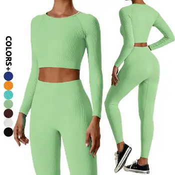 Seamless Workout Women Gym Sets Slim Fit Long Sleeve Ribbed Training Exercise Fitness Yoga Set ...