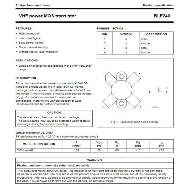 Blf246 Sot121 - Vhf Power Mos Transistor . Silicon N-channel ...