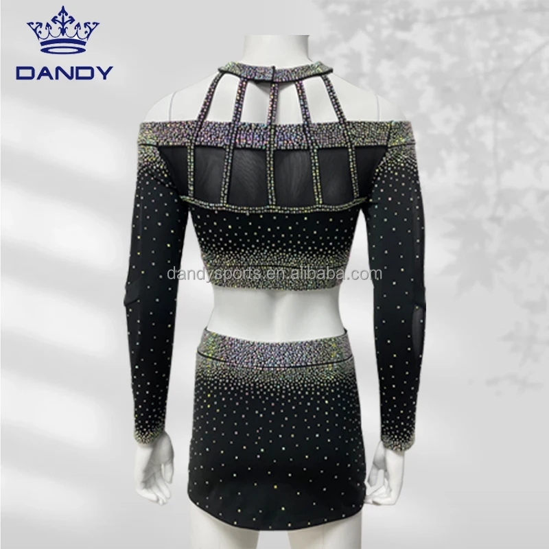 Custom Dancing Uniform Black Cheering Apparel Long Sleeve Rhinestone ...