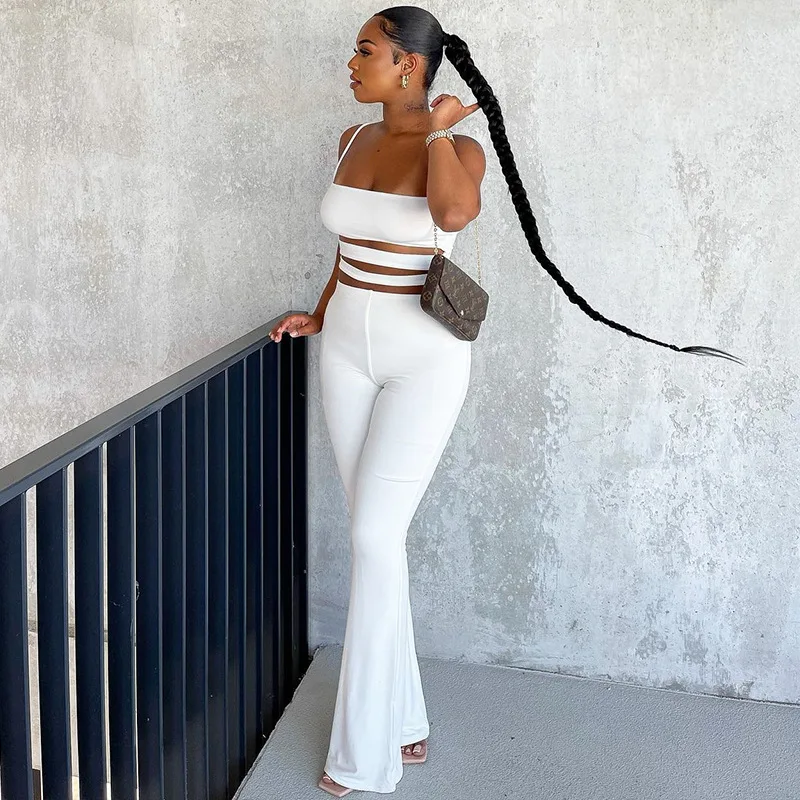 Spaghetti Strap Hollow Out Crop Top And Long Pant Two Piece Set Fall