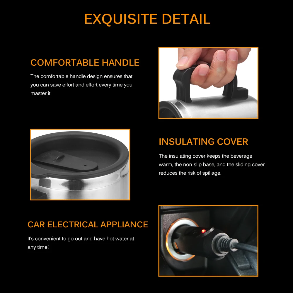 12V Car Heating Cup Stainless Steel Travel Kettle Insulated Heated Mug ...