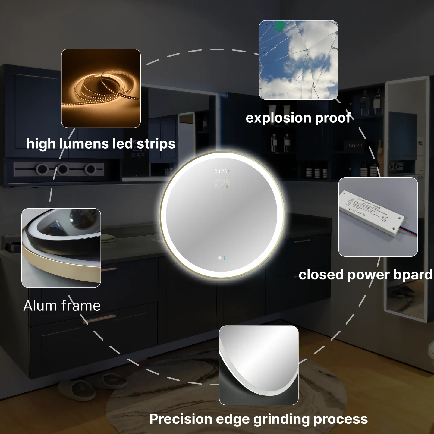 Aluminum Environmental Mirror Backlit Intelligent Led Mirror Vanity ...