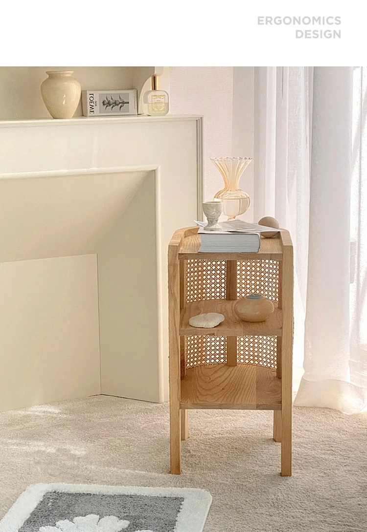 Japanese Style Solid Wood Rattan Bedside Table and Side Cabinet Locker
