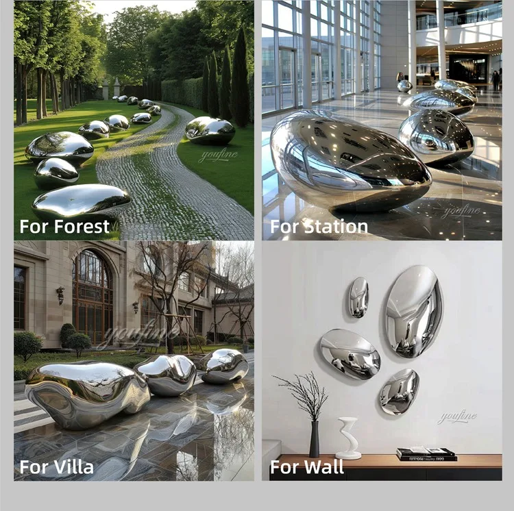 Hotel Lobby Art Decor Pebble Metal Stone Statue Abstract Stainless ...