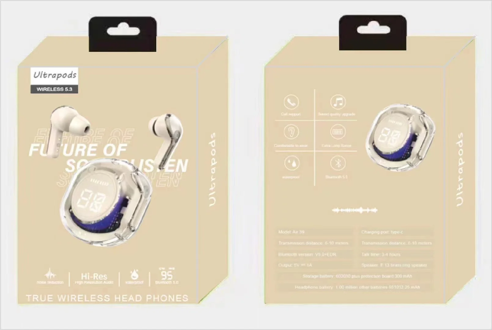 Tws Air39 Crystal Portable Bt Led Display Mini Wireless Earbuds