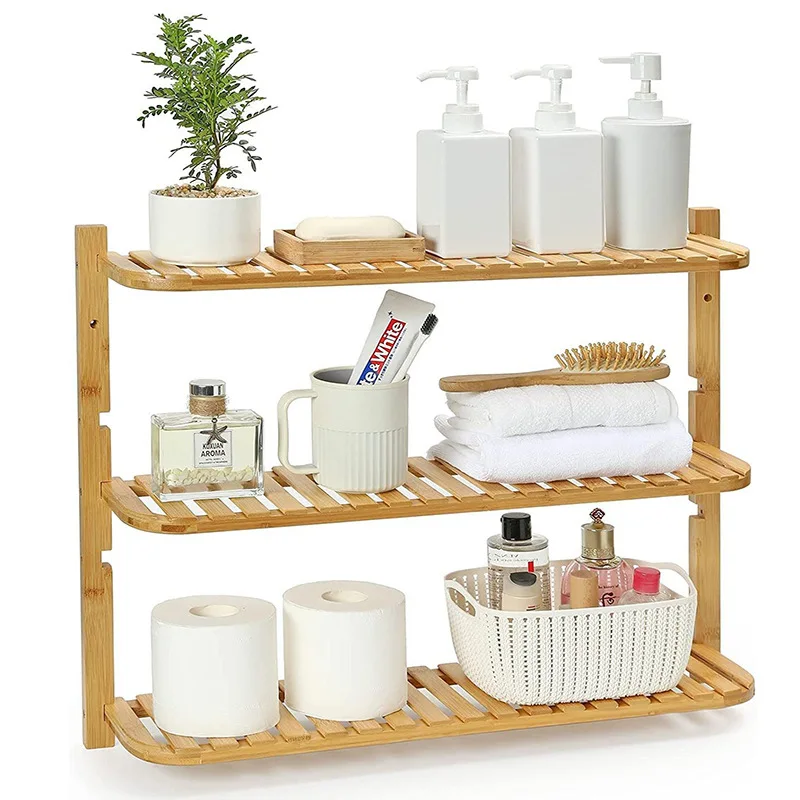 Bamboo Wooden Shelves 3-tier Wall Hanging Storage Rack Multifunctional ...