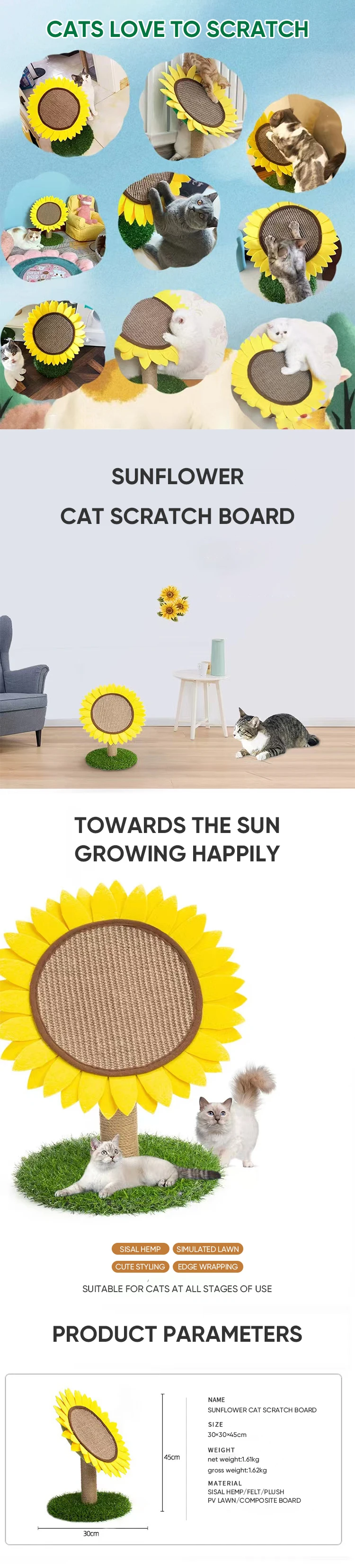 Sunflower Cat Tree Scratcher Sisal Covered Cat Scratching Post Flower ...