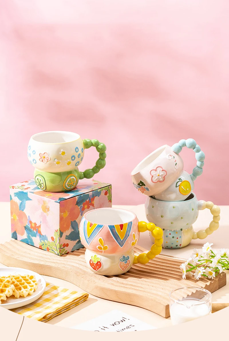 Hand Painted 3D Relief Pottery Cups - Perfect Christmas Gifts