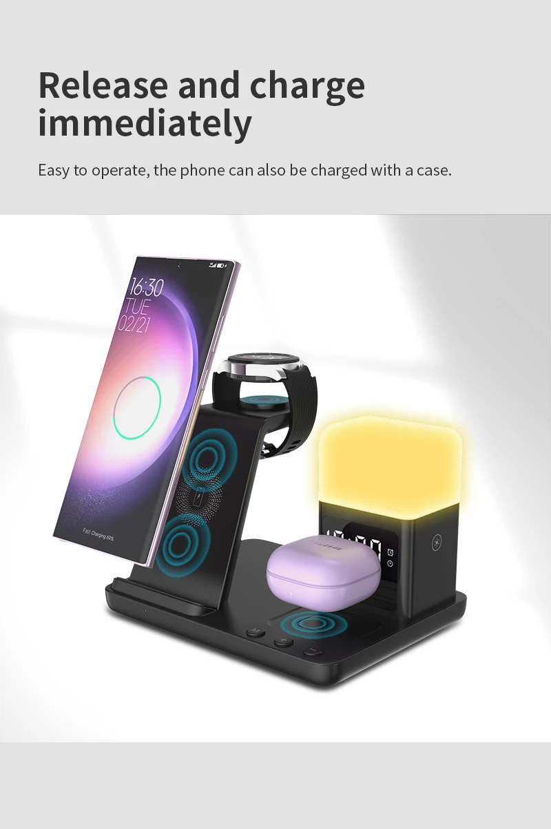 6 In 1 Smart Alarm Clock Wireless Phone Charger With Smart Led Night ...