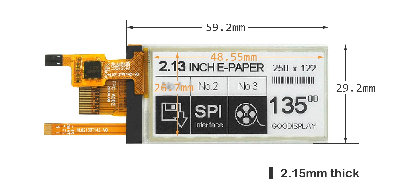 E-ink Display Touch & Front-Light 2.13 Inch Raspberry Pi