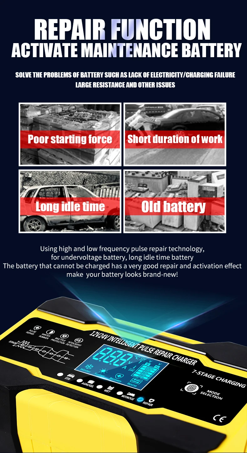 24V Intelligent Pulse Repair Battery Charger, 12V 10A Car Charger with ...