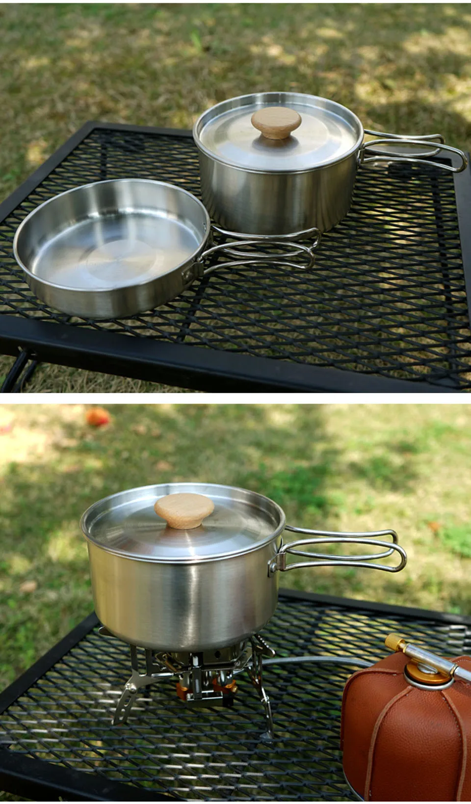 2pcs Outdoor Cooking Pots Set Stainless Steel Folding Handle Camping ...