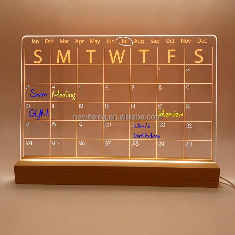 Acrylic Dry Erase Calendar Whiteboard With Illuminated Led Light Up ...