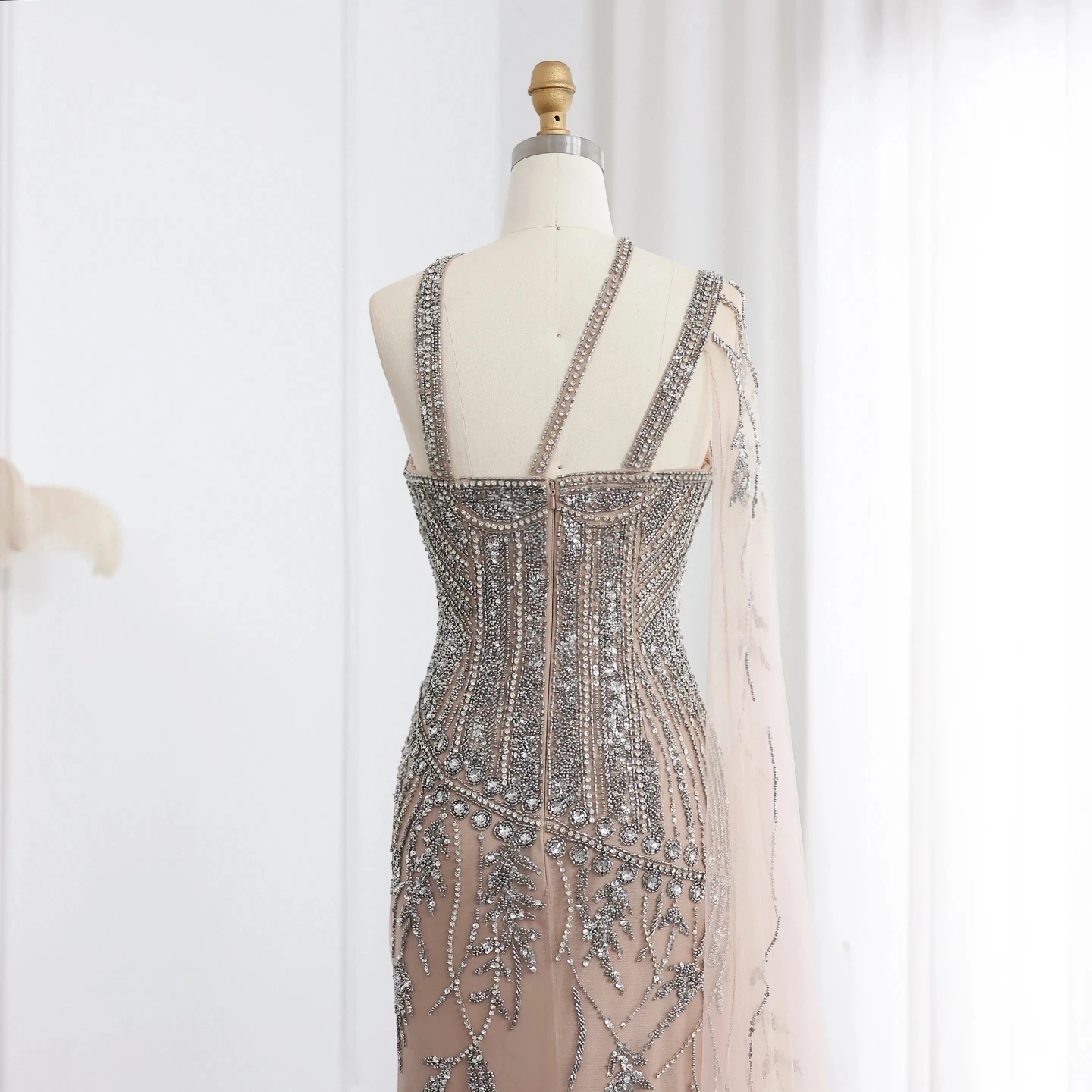 Luxury Beaded Nude Evening Dress with Cape Side Slit