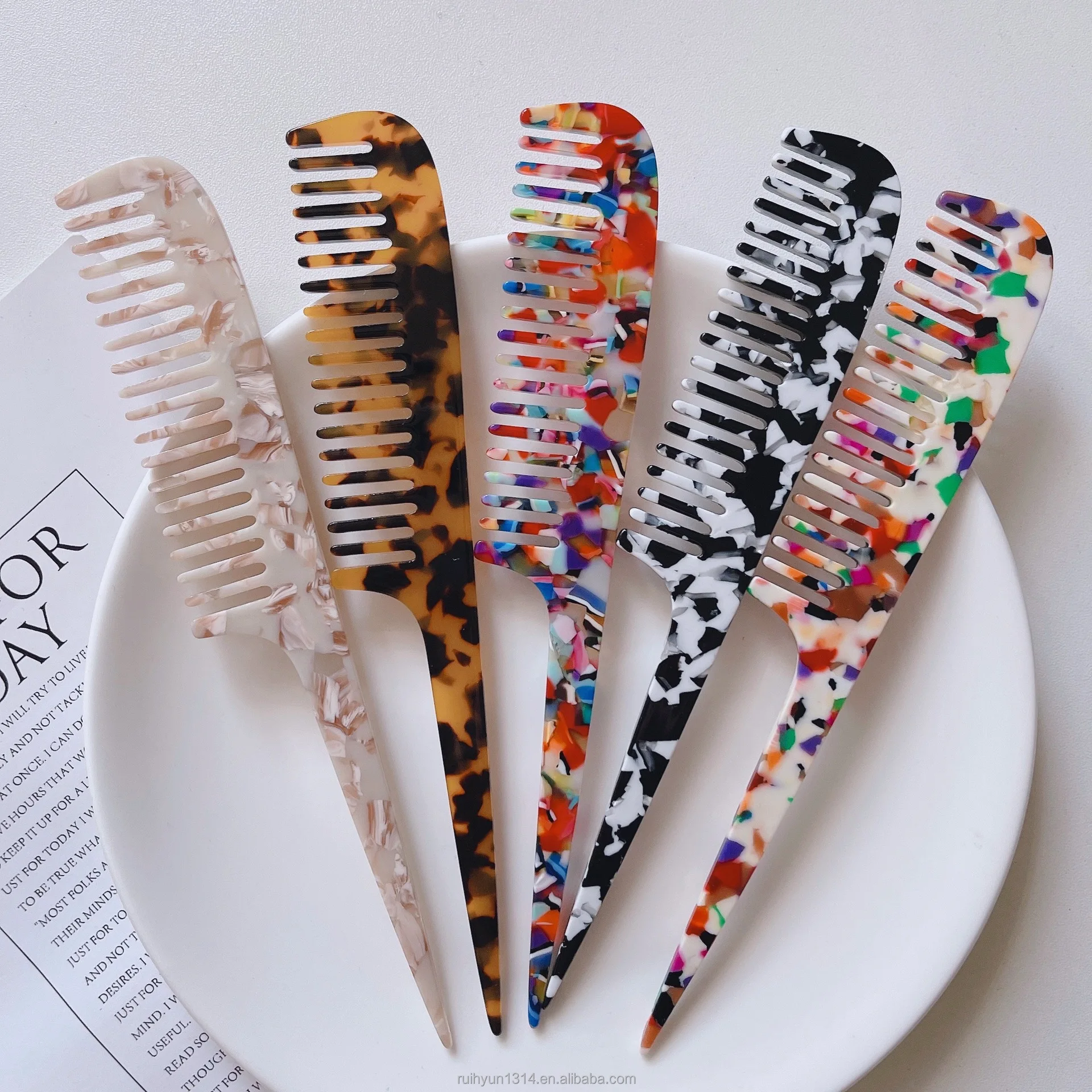 Korean Simple Marble Texture Acetic Acid Long Handle Pointed Tail Comb ...