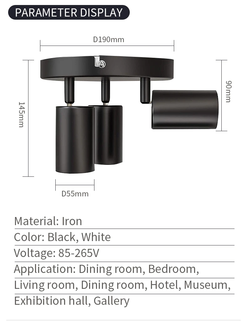 3 Head Surface Mounted Spotlight Fixture Black LED Ceiling Light GU10 ...