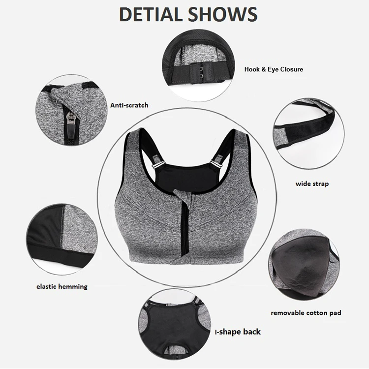 S~5XL Custom logo Sport Bra with Zip Front High Impact Bh Top Fitness ...