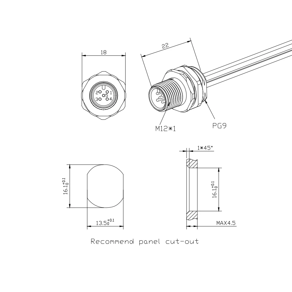 M12 5 Pin Male Plug A-Code Rear Fastened Connector, IP67 Waterproof ...
