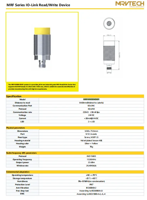 MRF Series High Frequency Io-Link Read/write RFID Device