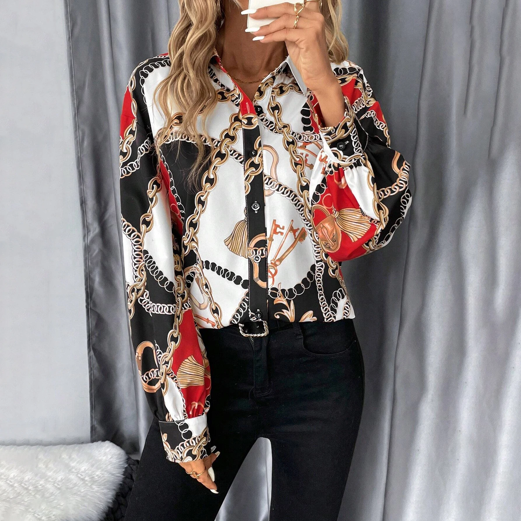 2025 Chain Leopard Printed Lady Office Shirt Elegant Turn-down Collar ...