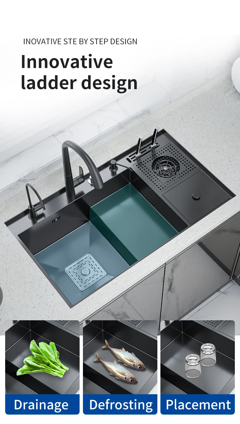 Kitchen Sink Stepped Nano Black Stainless Steel Basin