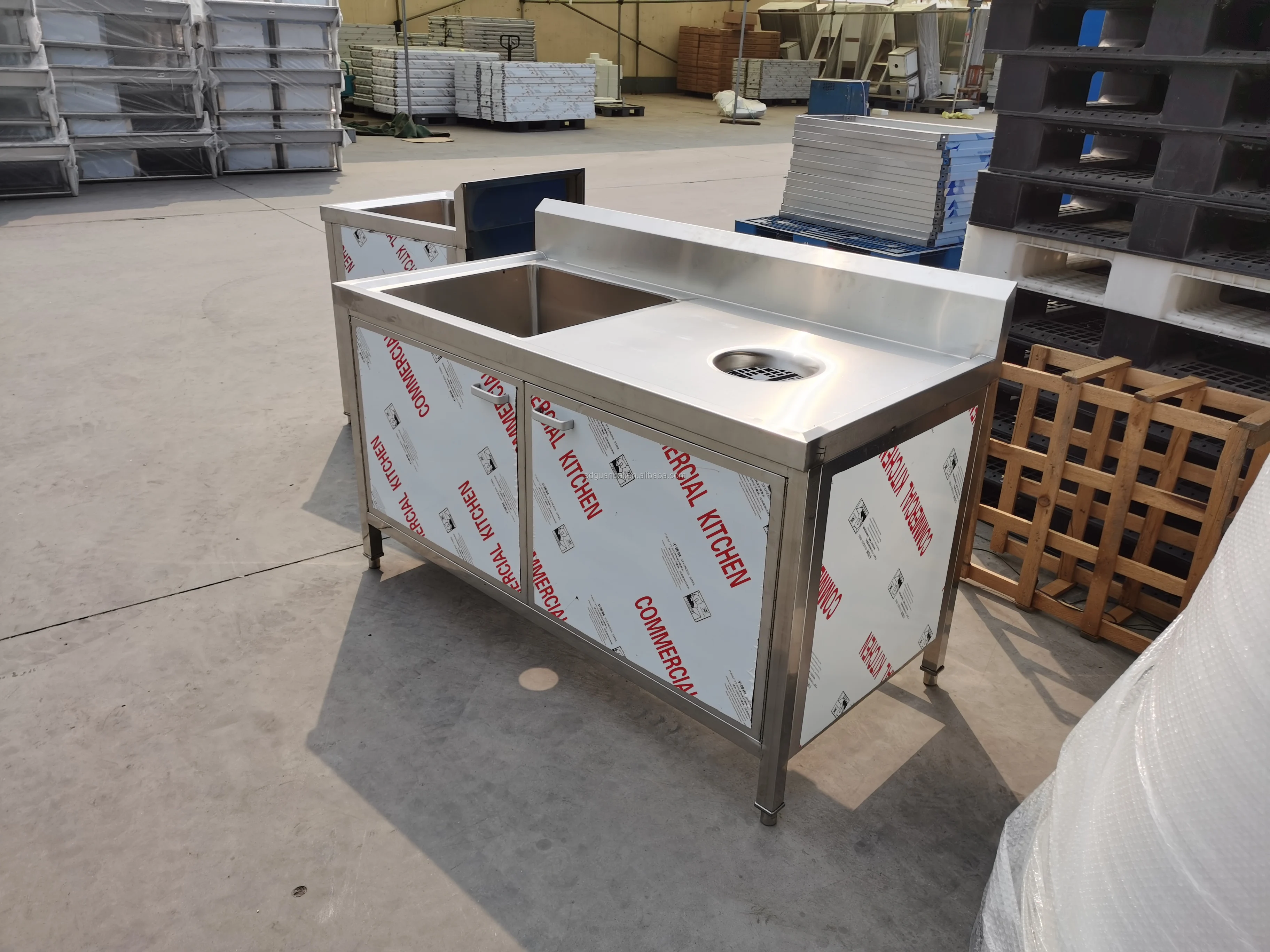Stainless Steel Work Table With Trash Hole Sink Cabinet Fish Cleaning ...