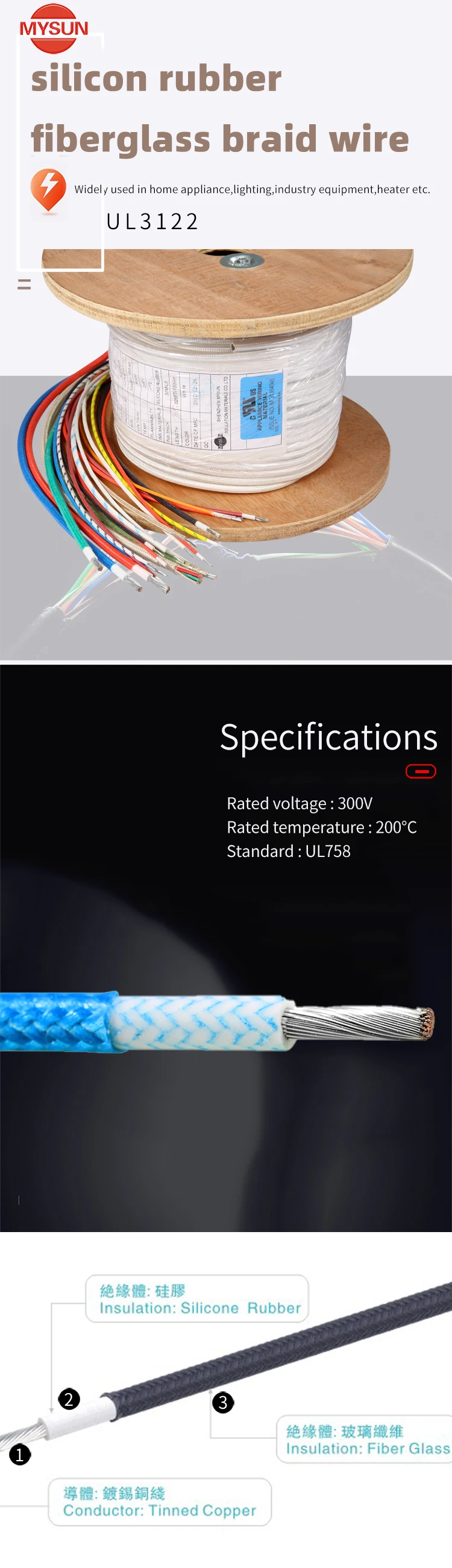 Silicone Rubber Wires Ul3122 Glass Fiber Braided Wire Single Copper ...